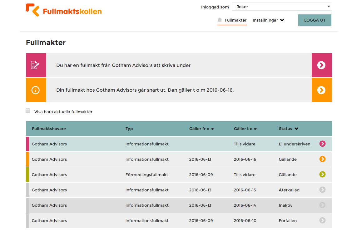 Användarhandledning Fullmaktsgivare - Fullmaktskollen – Partnersidan